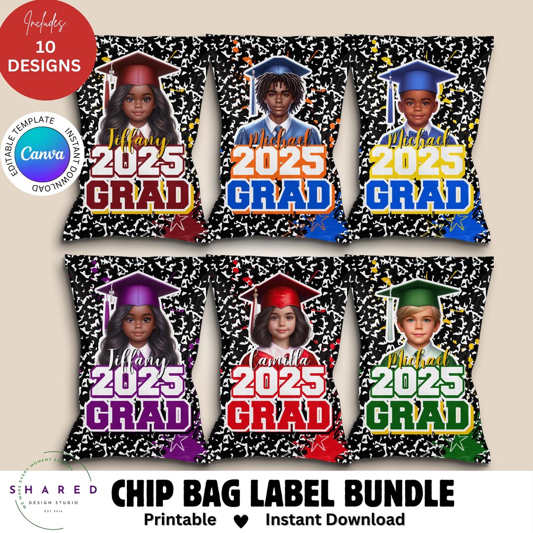 Editable White & Black Composition Graduation Chip Bag Label, Printable ...