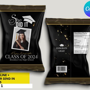 Editable Black & Gold Graduation Chip Bag Label, Printable Grad Chip ...