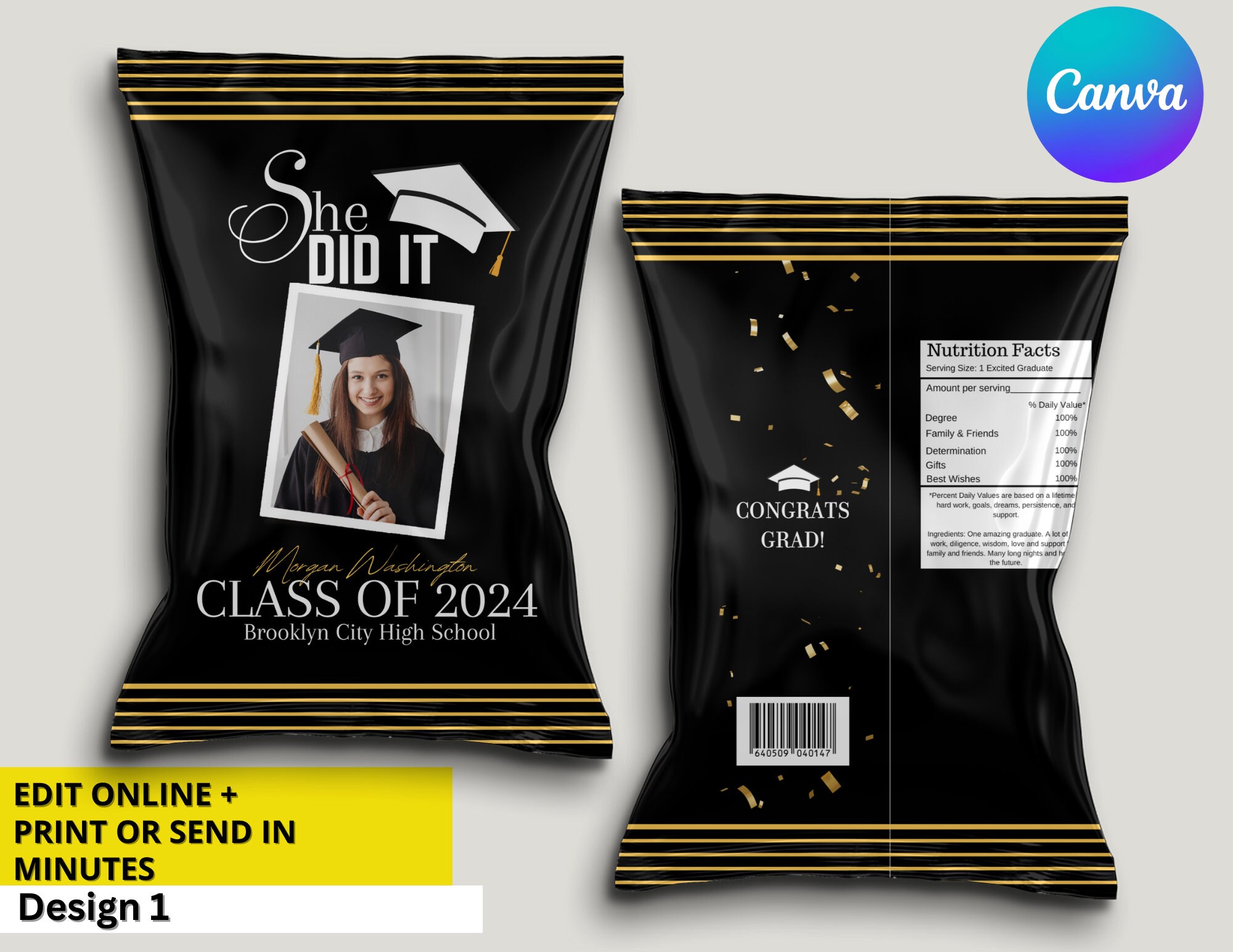 Editable Black & Gold Graduation Chip Bag Label, Printable Grad Chip ...
