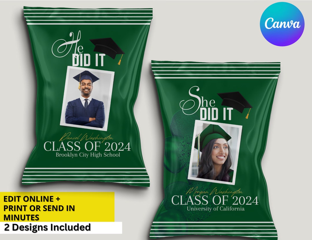 Editable Green & White Graduation Chip Bag Label, Printable Grad Chip ...