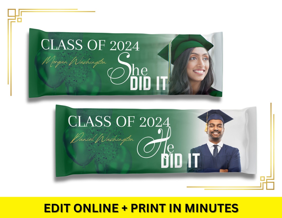 Editable Green & Gold Graduation Candy Bar Wrapper, Printable Grad ...