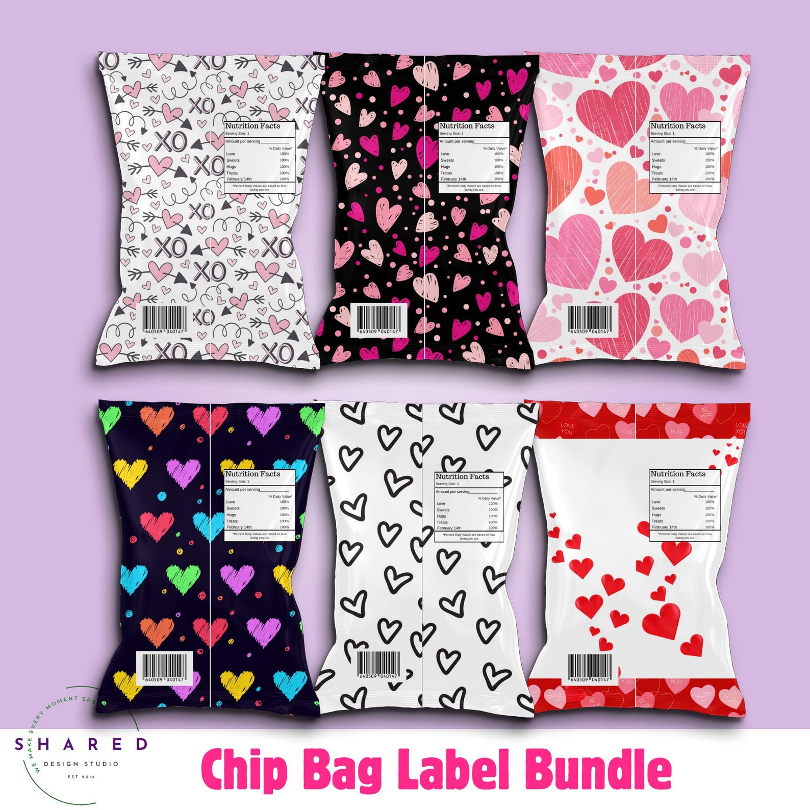 Printable Valentine's Day Chip Bag Label Bundle, Colorful Heart Chip ...