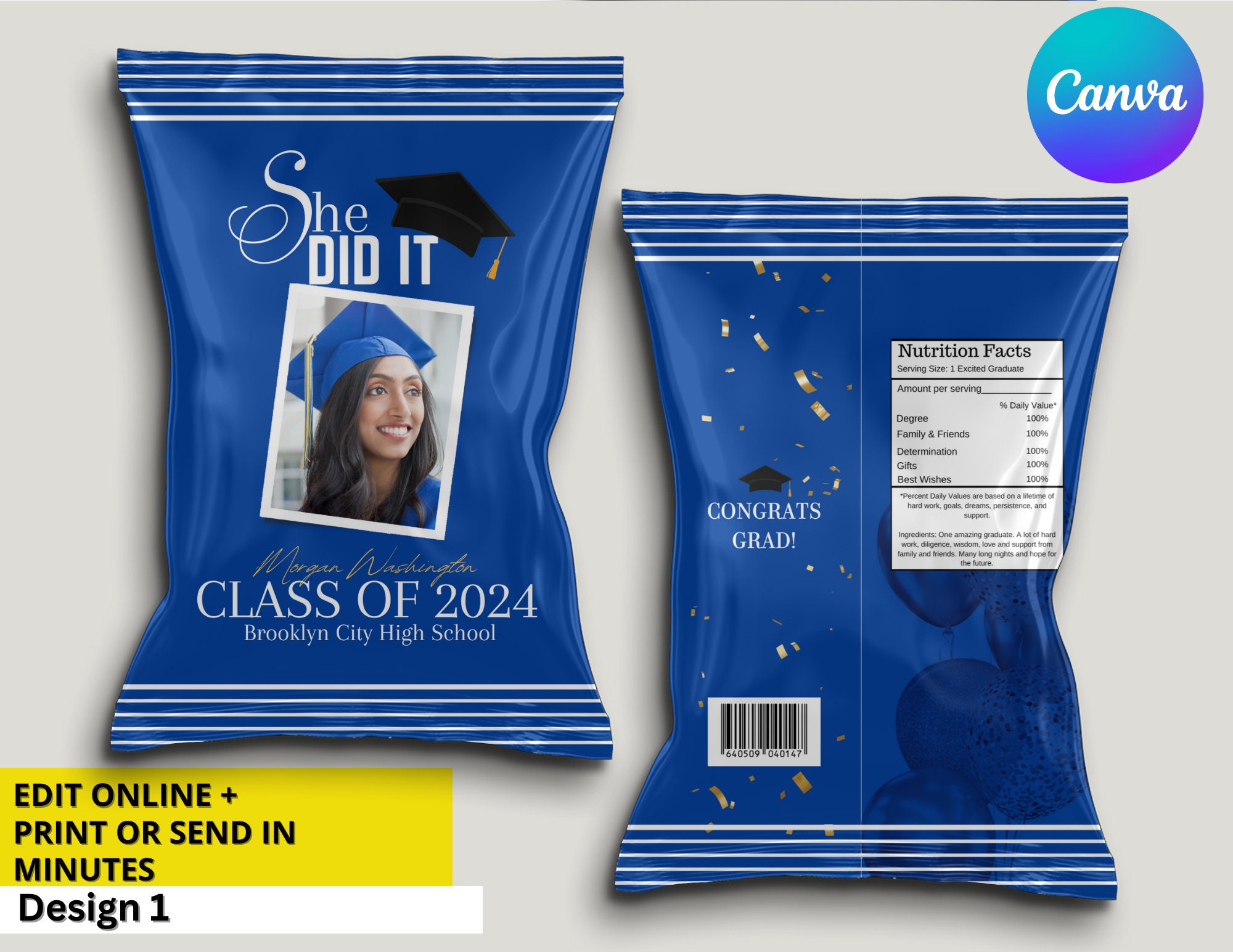 Editable Blue & Gold Graduation Chip Bag Label, Printable Grad Chip Bag ...