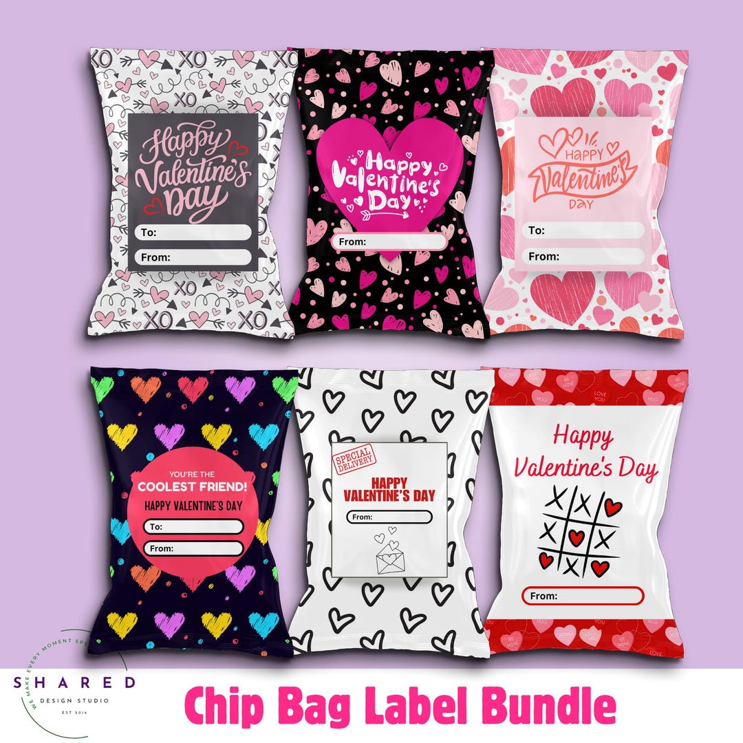 Printable Valentine's Day Chip Bag Label Bundle, Colorful Heart Chip ...
