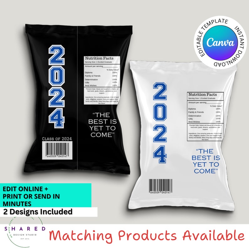 Editable Blue, White & Black Graduation Chip Bag Label, Printable ...