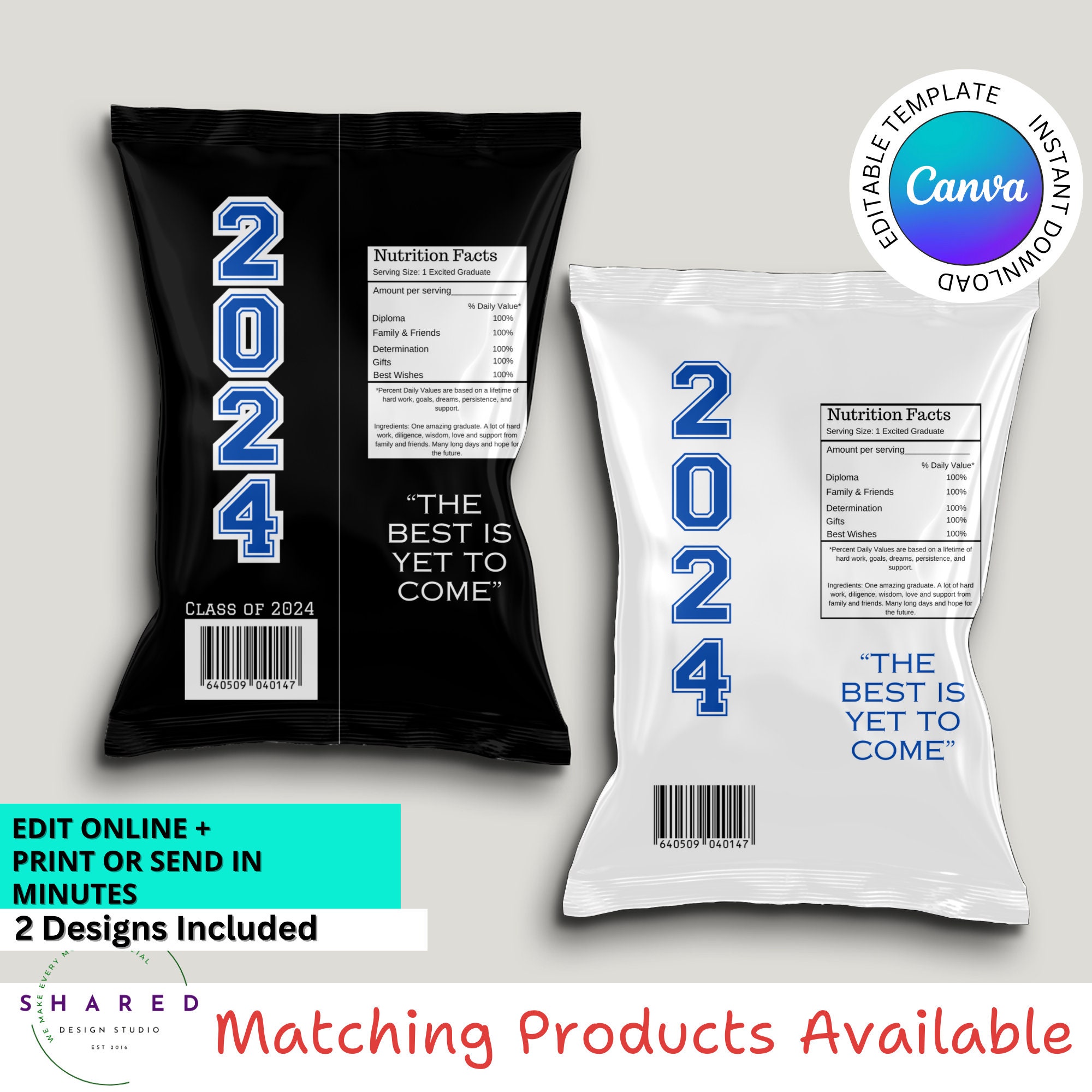 Editable Blue, White & Black Graduation Chip Bag Label, Printable ...