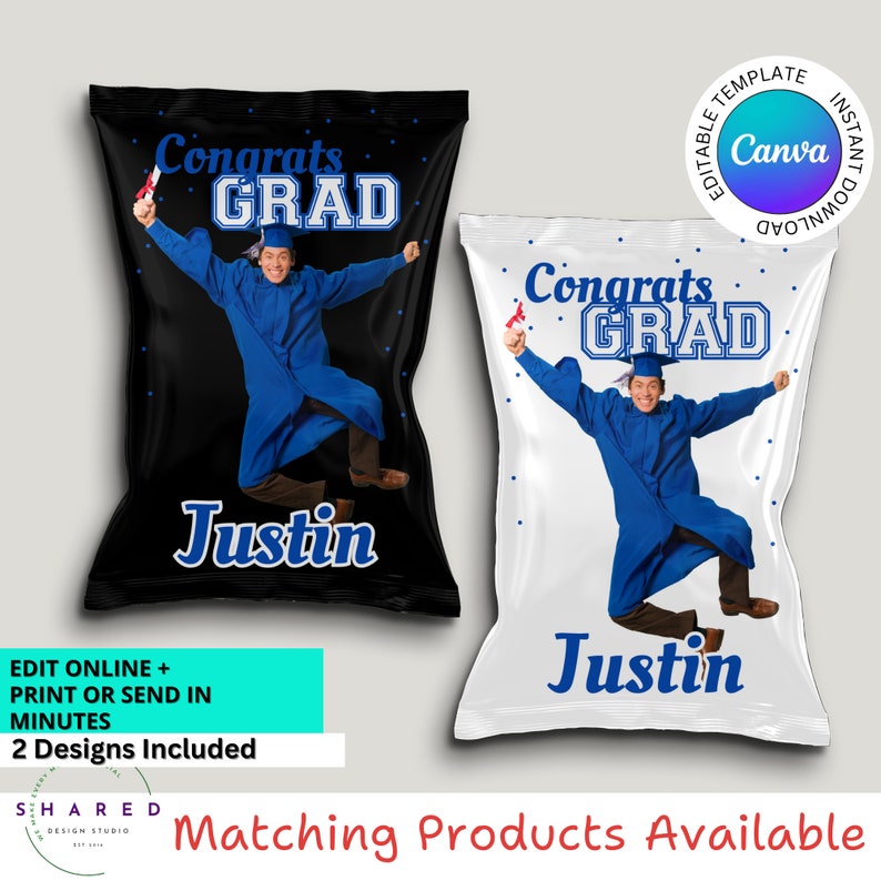 Editable Blue, White & Black Graduation Chip Bag Label, Printable ...