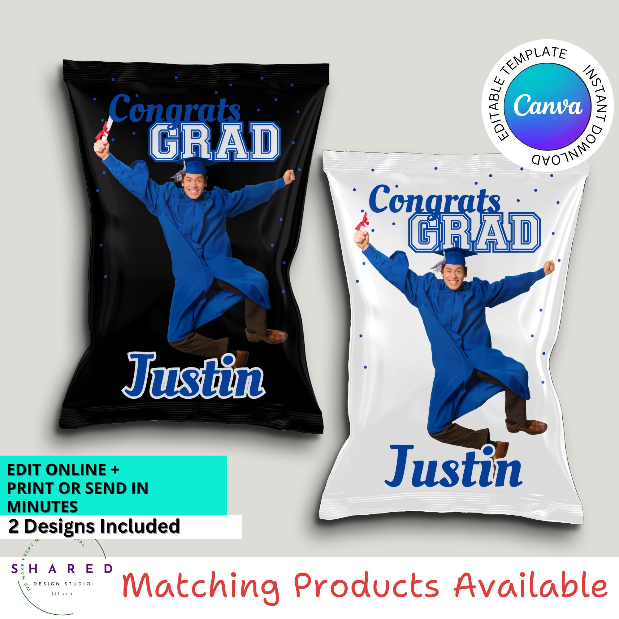 Editable Blue, White & Black Graduation Chip Bag Label, Printable ...