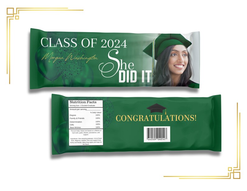 Editable Green & Gold Graduation Candy Bar Wrapper, Printable Grad ...