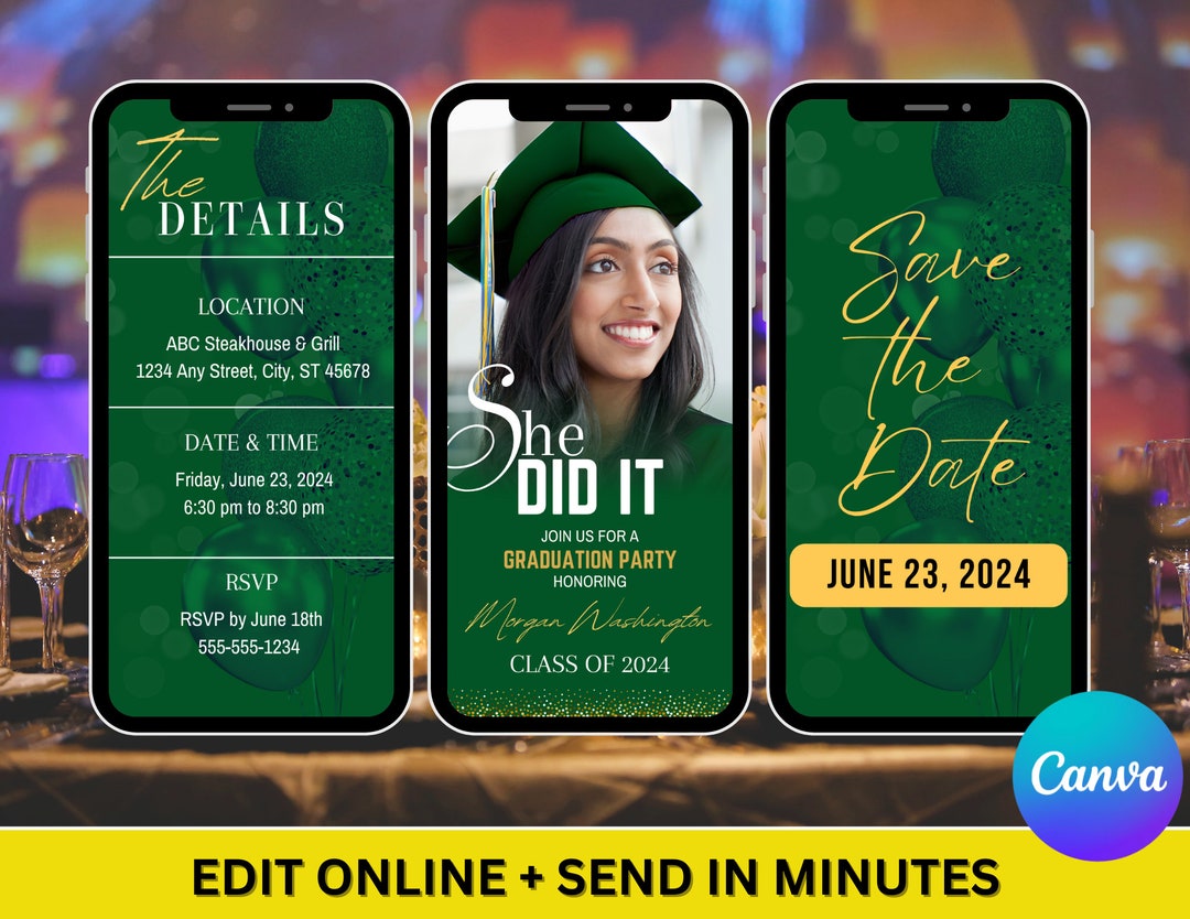 Editable Green & Gold Graduation Mobile Invitation, Animated Graduation ...