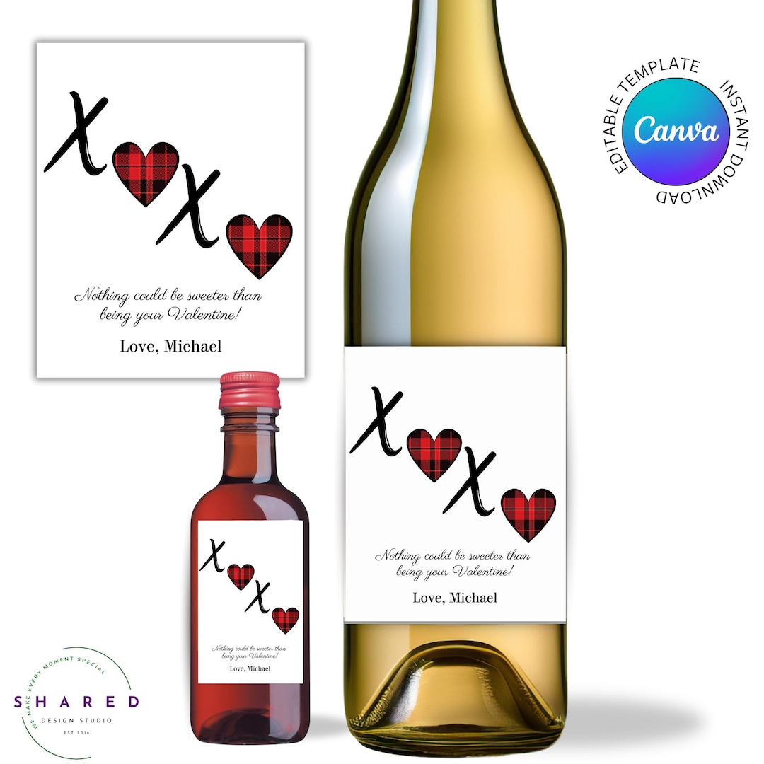 Editable XOXO Valentine Wine Bottle Label, Red Heart Printable Wine ...