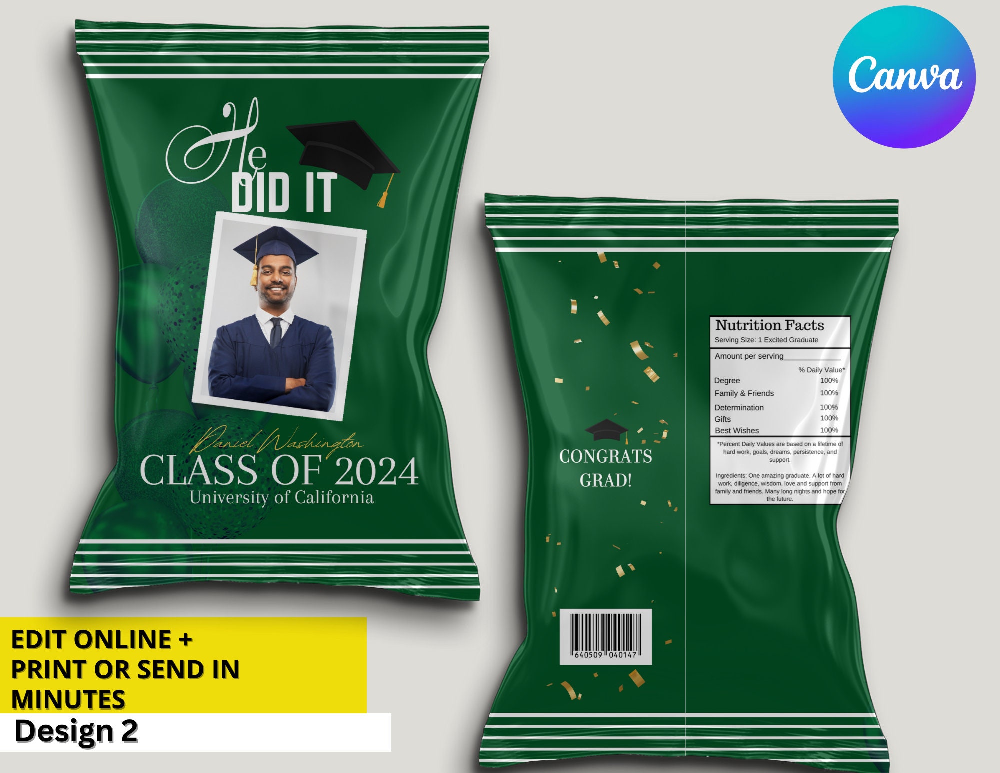 Editable Green & White Graduation Chip Bag Label, Printable Grad Chip ...