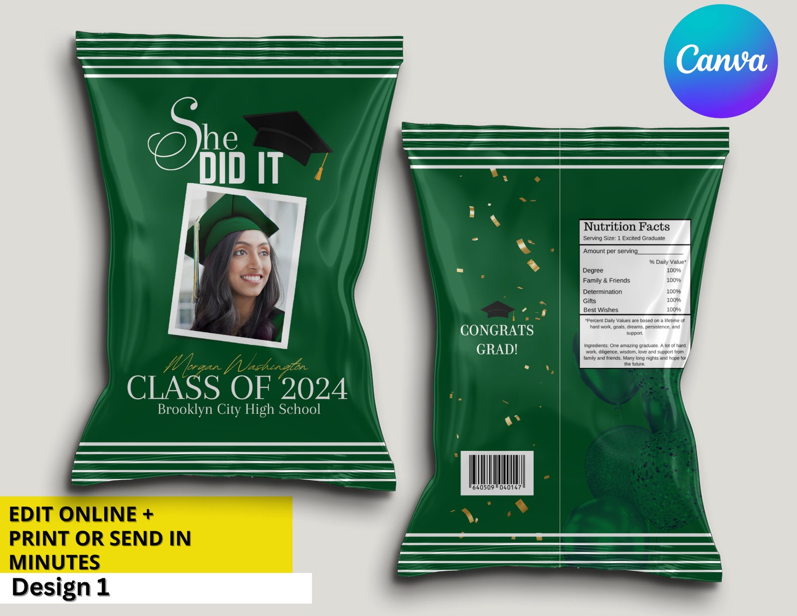 Editable Green & White Graduation Chip Bag Label, Printable Grad Chip ...
