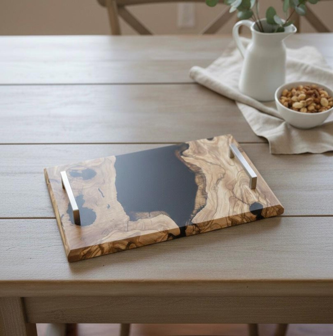 Olive Wood and Black Epoxy Resin Serving Tray | Handcrafted "river ...