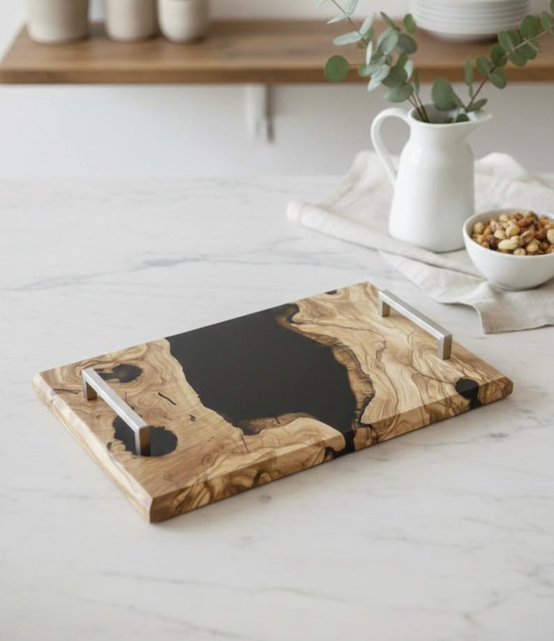 Olive Wood and Black Epoxy Resin Serving Tray | Handcrafted "river ...