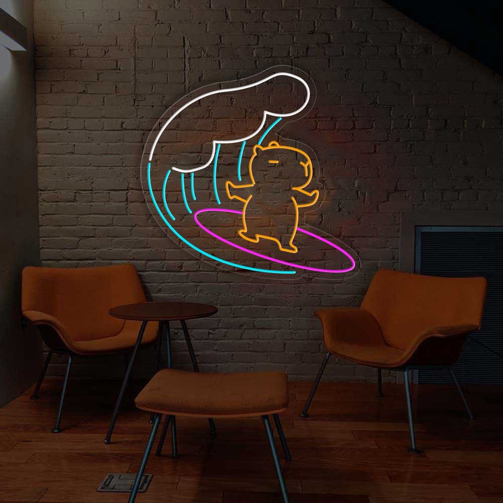 Surfing Capybara Neon Sign, Blue Wave Animal Neon Sign, Funny Animal ...