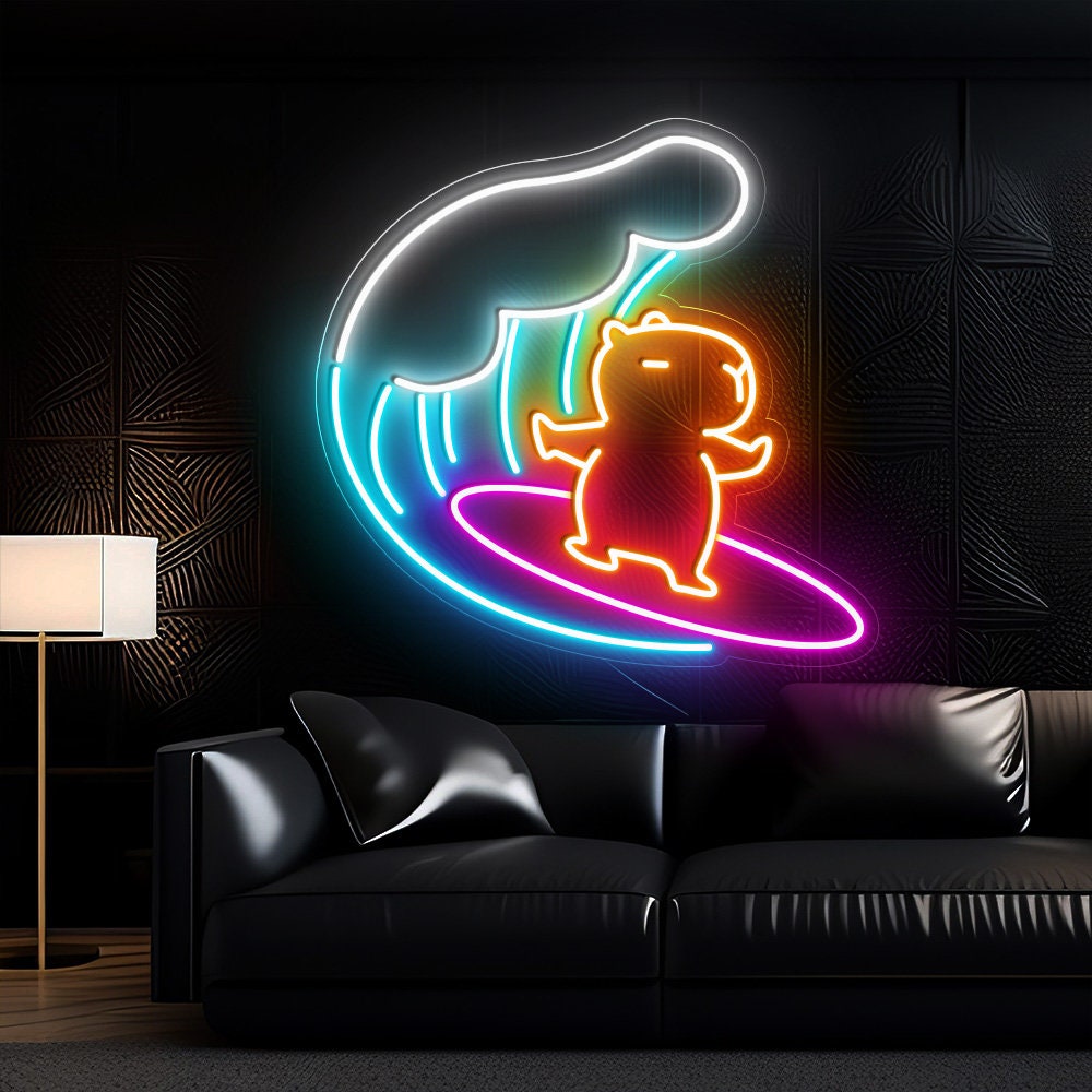 Surfing Capybara Neon Sign, Blue Wave Animal Neon Sign, Funny Animal ...