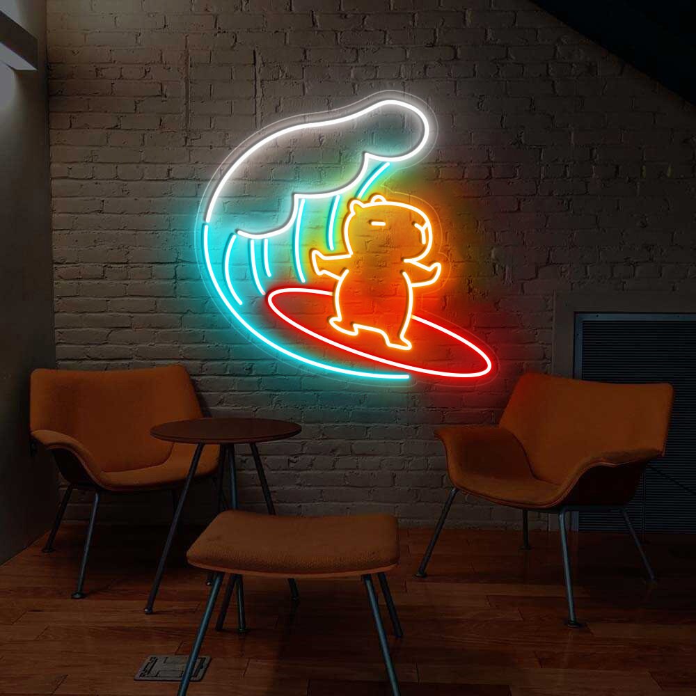Surfing Capybara Neon Sign, Blue Wave Animal Neon Sign, Funny Animal ...