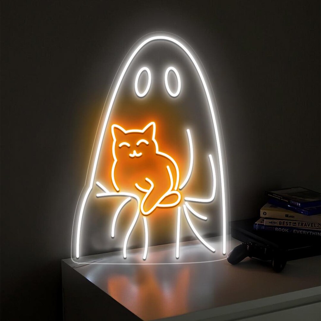 Ghost Holding Cat Neon Sign, Cute Ghost Cat Neon Sign,cute Cat LED Sign ...