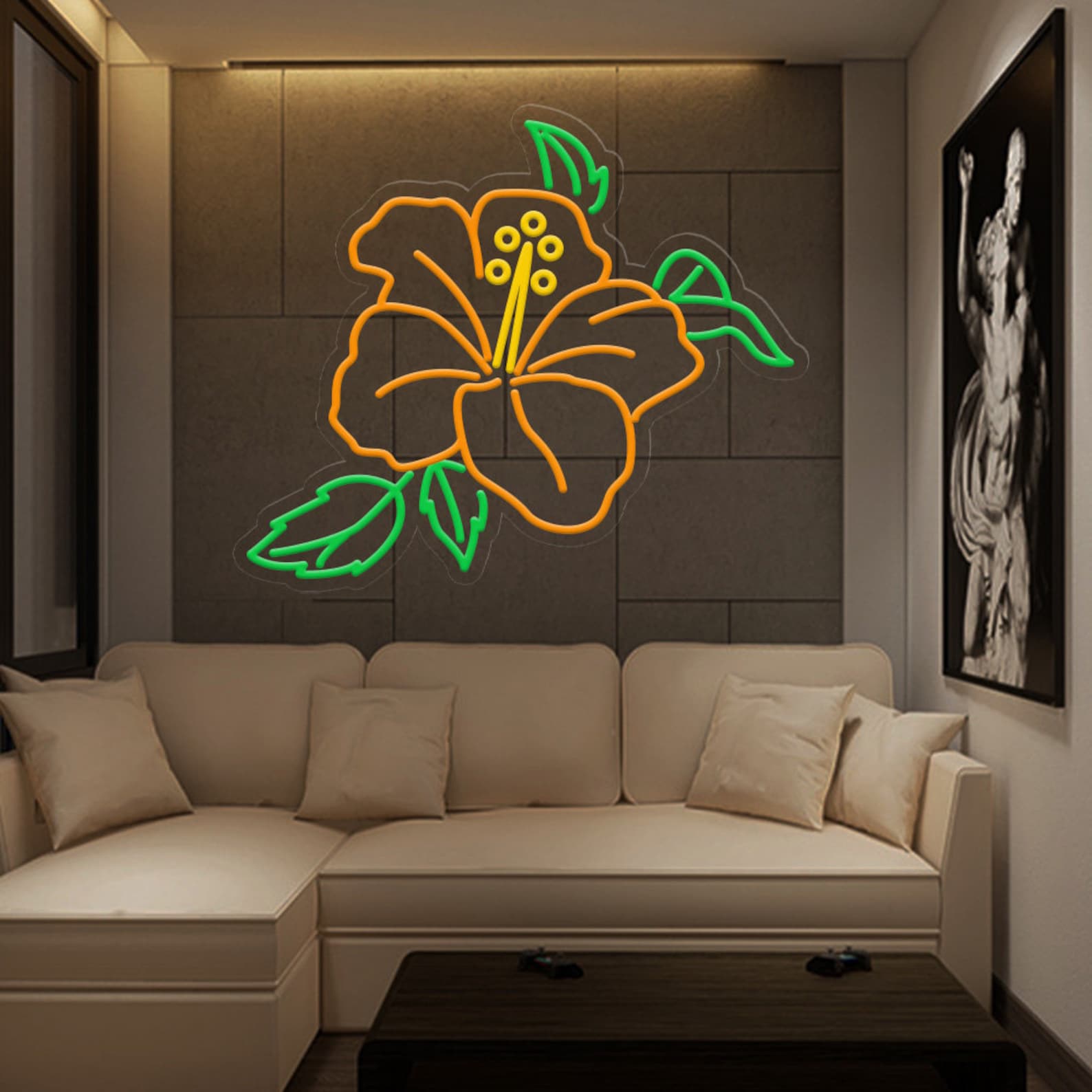 Hibiscus Neon Sign,pink Tropical Flower With Yellow Stame,plant Garden ...