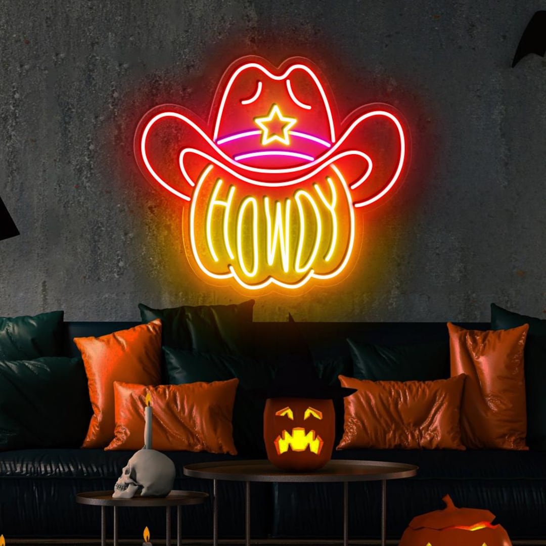 Howdy Pumpkin Neon Sign, Howdy Hat Neon Sign, Halloween Cowboy Neon ...