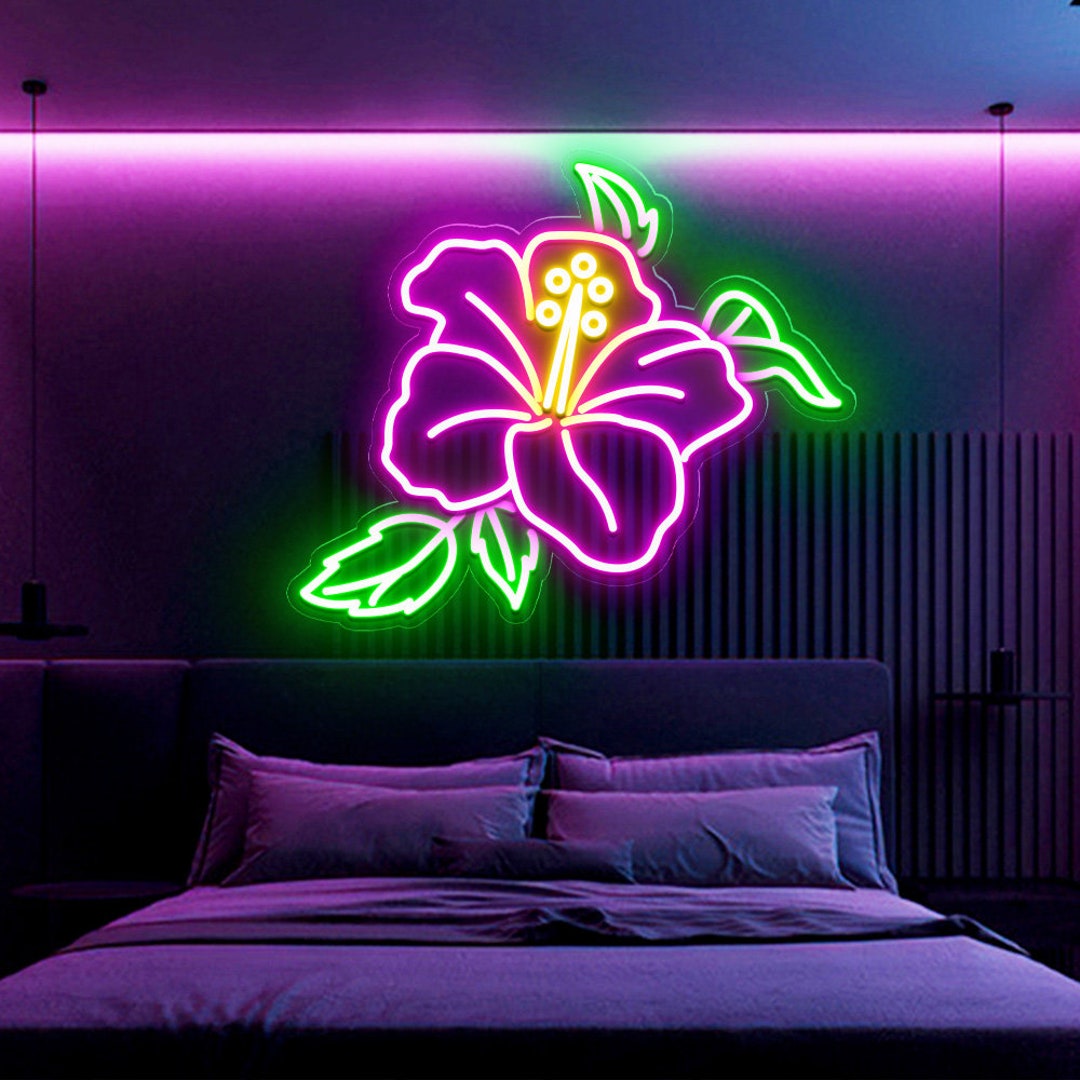 Hibiscus Neon Sign,pink Tropical Flower With Yellow Stame,plant Garden ...
