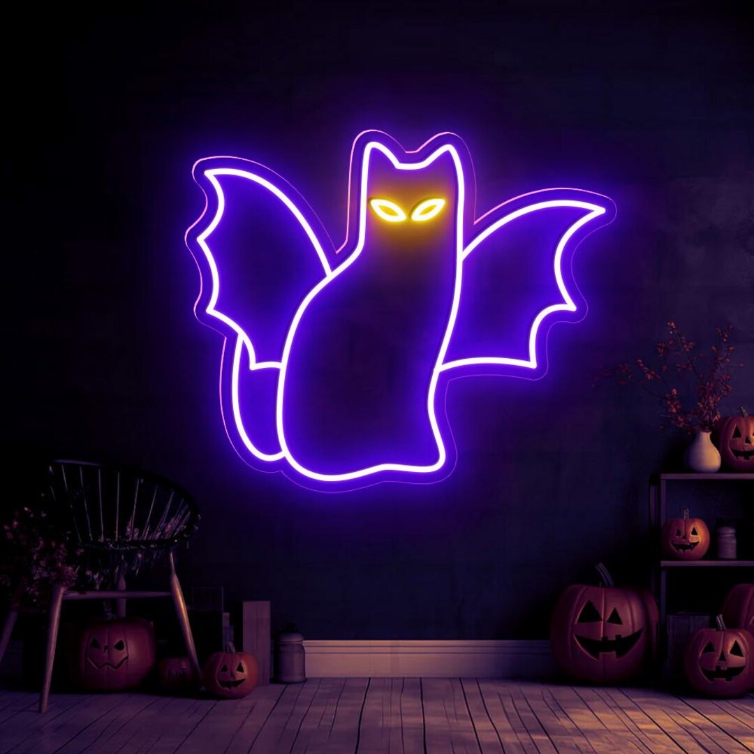 Cat Bat Neon Sign, Catman Neon Sign, Hallowen Cat LED Sign, Cat Wing ...
