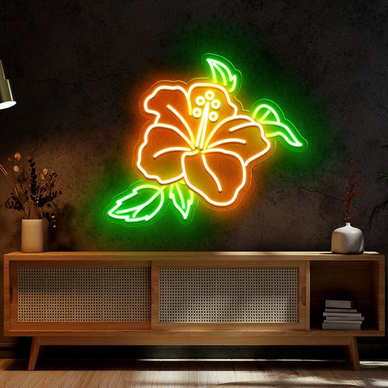 Hibiscus Neon Sign,pink Tropical Flower With Yellow Stame,plant Garden ...