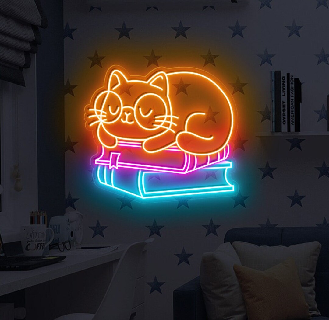 Cat Book Neon Sign, Cat Room Led Sign, Library Neon Sign,baby Cat Light ...