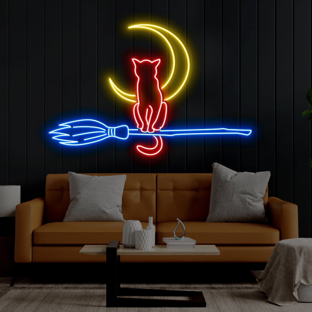 Custom Cat Neon Sign, Cat Witch Neon Sign, Broom Cat Light Up, Cat Art ...