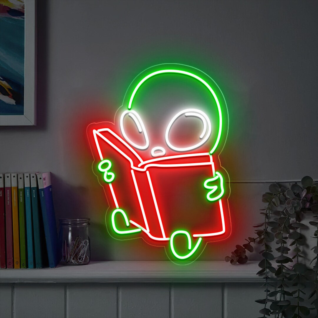 The Alien Reading Neon Sign,gamer Neon Sign,book LED Decor,book Lover ...