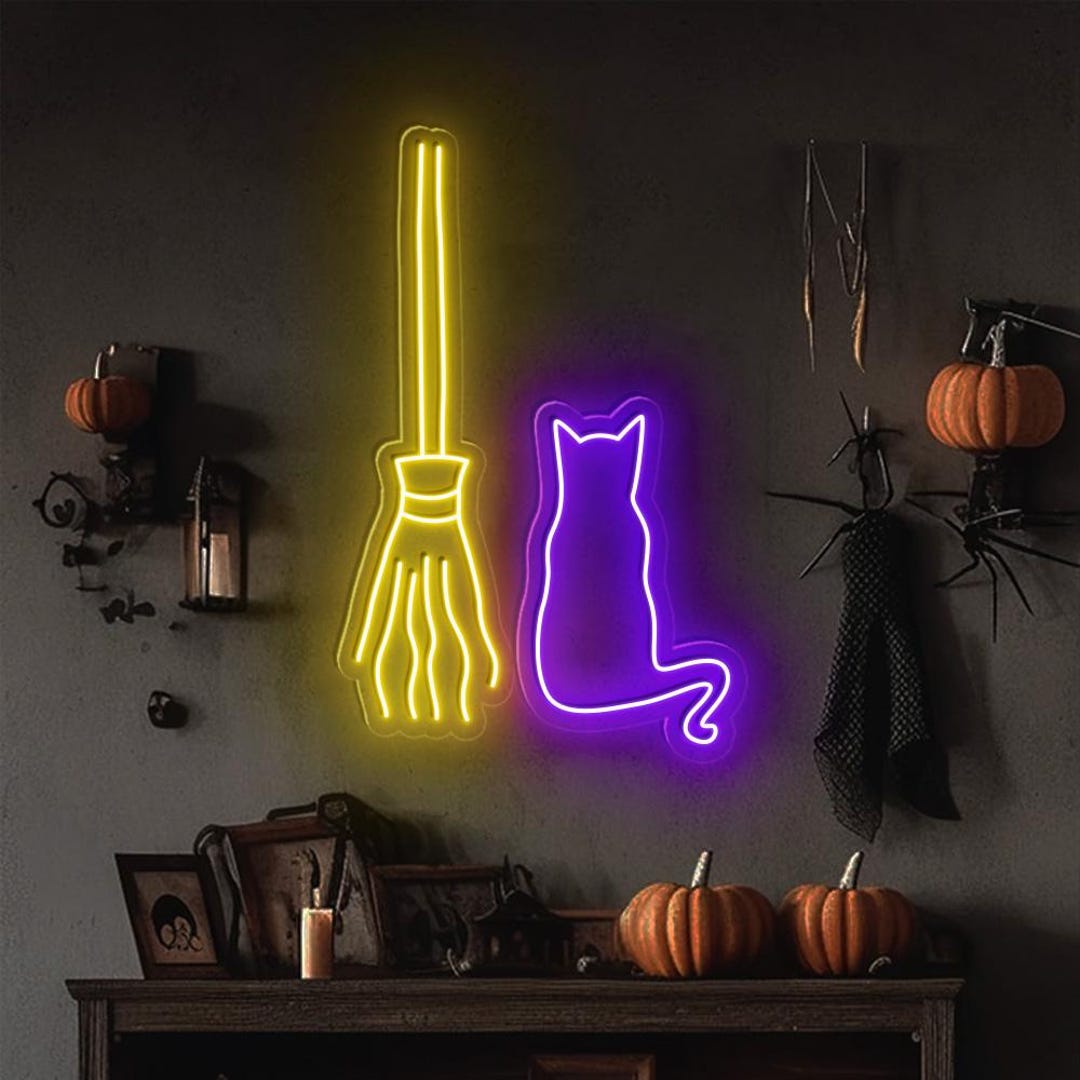 Witch Broomstick Cat Neon Sign, Witchcraft Neon Sign, Celestial Neon ...