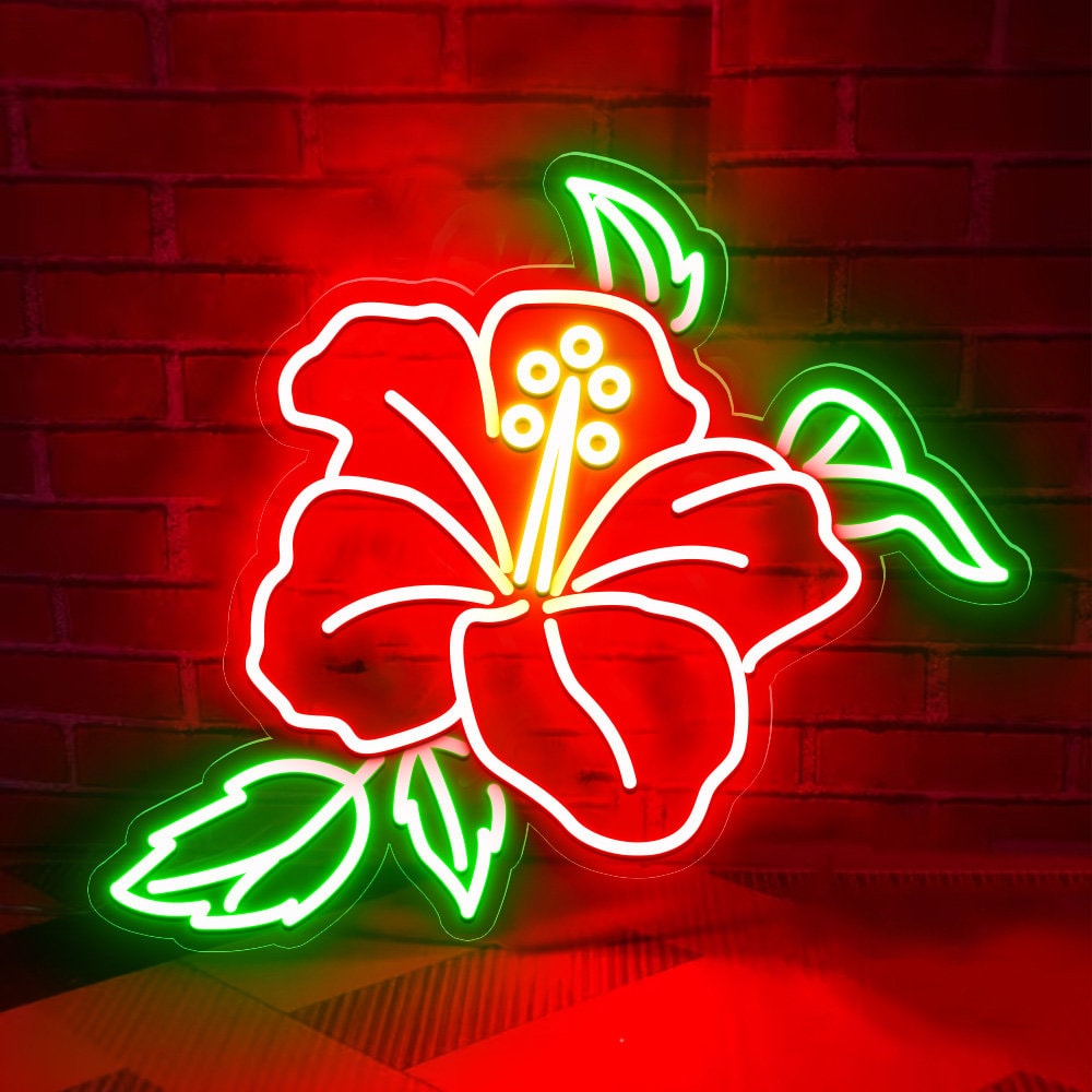 Hibiscus Neon Sign,pink Tropical Flower With Yellow Stame,plant Garden ...