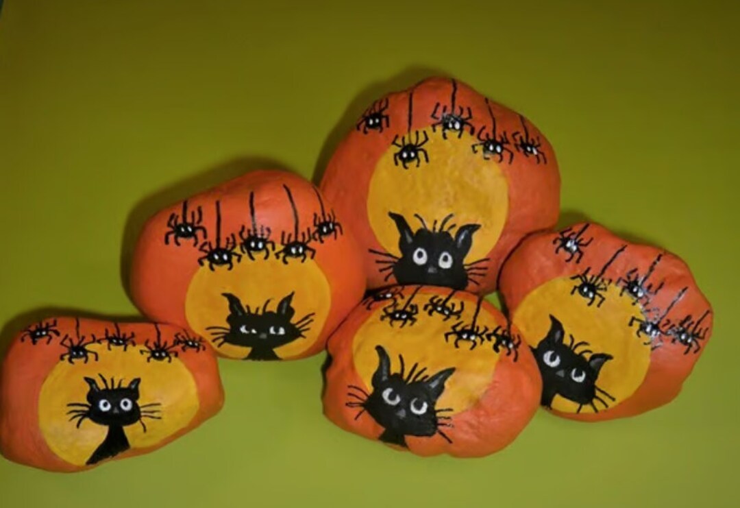 Vintage Halloween Style Black Cat Painted Rock Garden Decor Paper ...