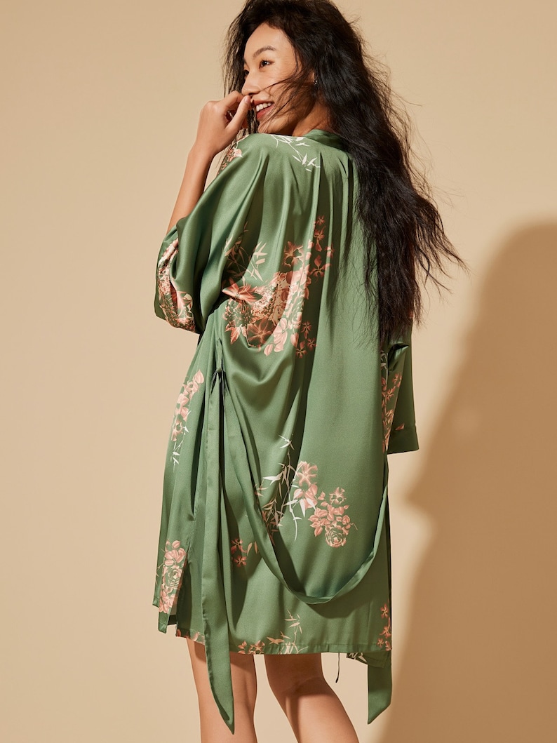 Floral Satin Short Kimono Robe, Eastern Lounge Wear, Mother's Day Gift ...