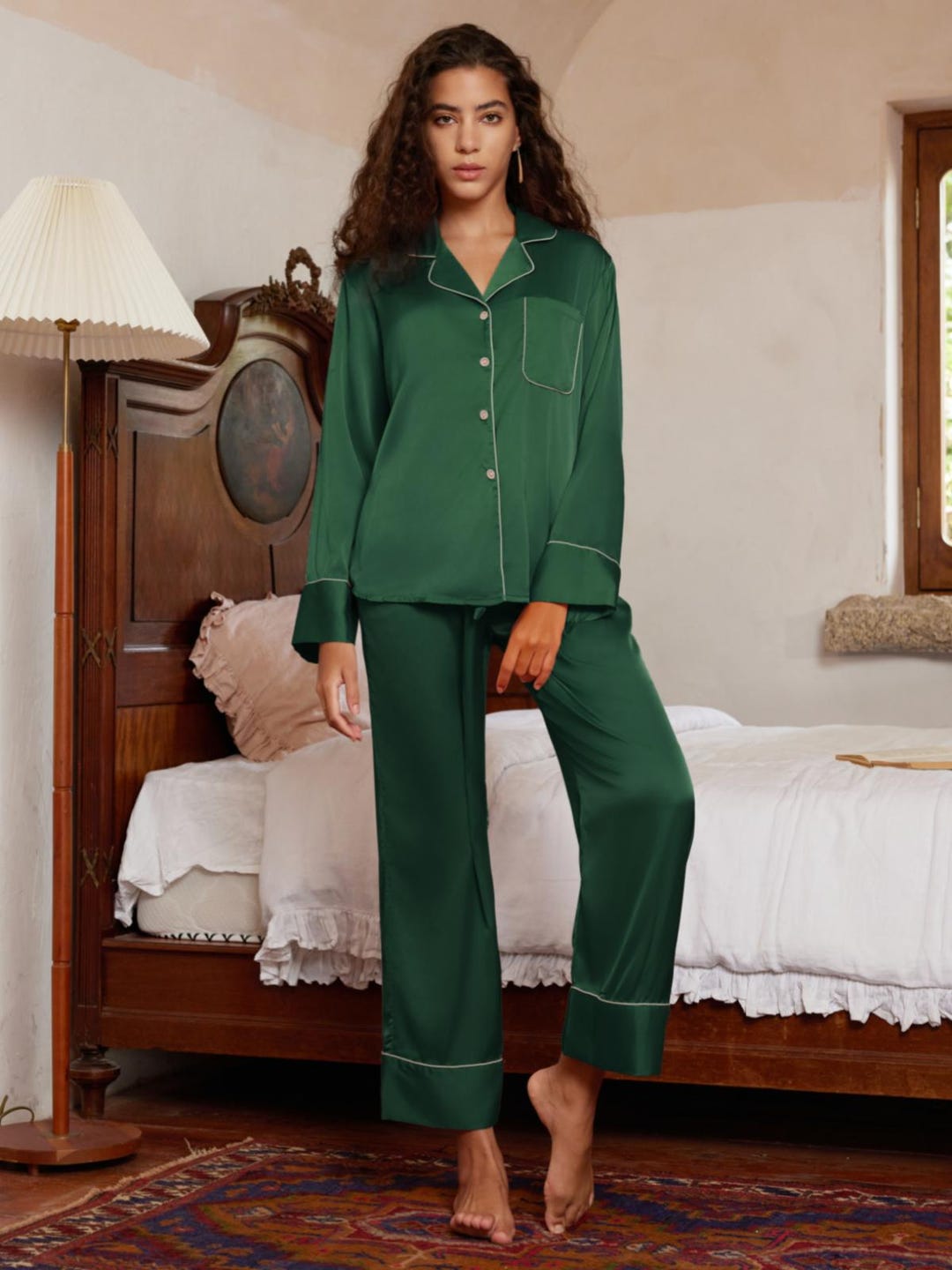 Green Satin Pajama Set, Lapel Collar, Bridal Sleepwear, Luxury Mother's ...