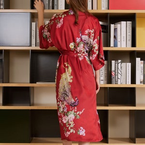 Peacock Red Kimono Robe Dressing Gown, Silk Wedding Robe, Mother's Day ...