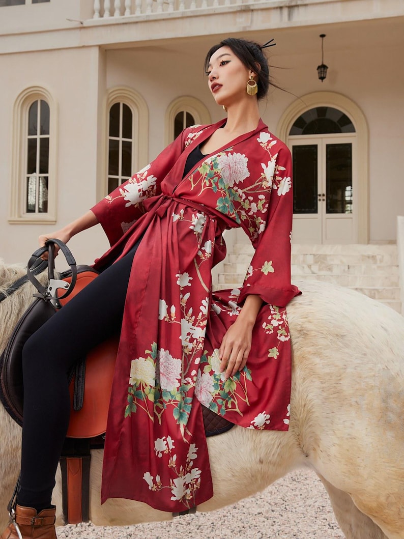 Floral Red Kimono Robe Dressing Gown, Wedding Robe, Christmas Gift ...