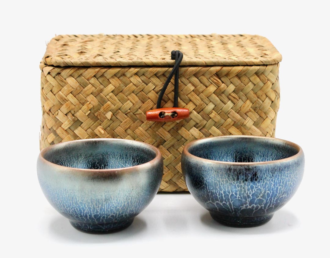 Tenmoku Pottery Japanese Tea Cups Set in Handwoven Gift Basket - Etsy
