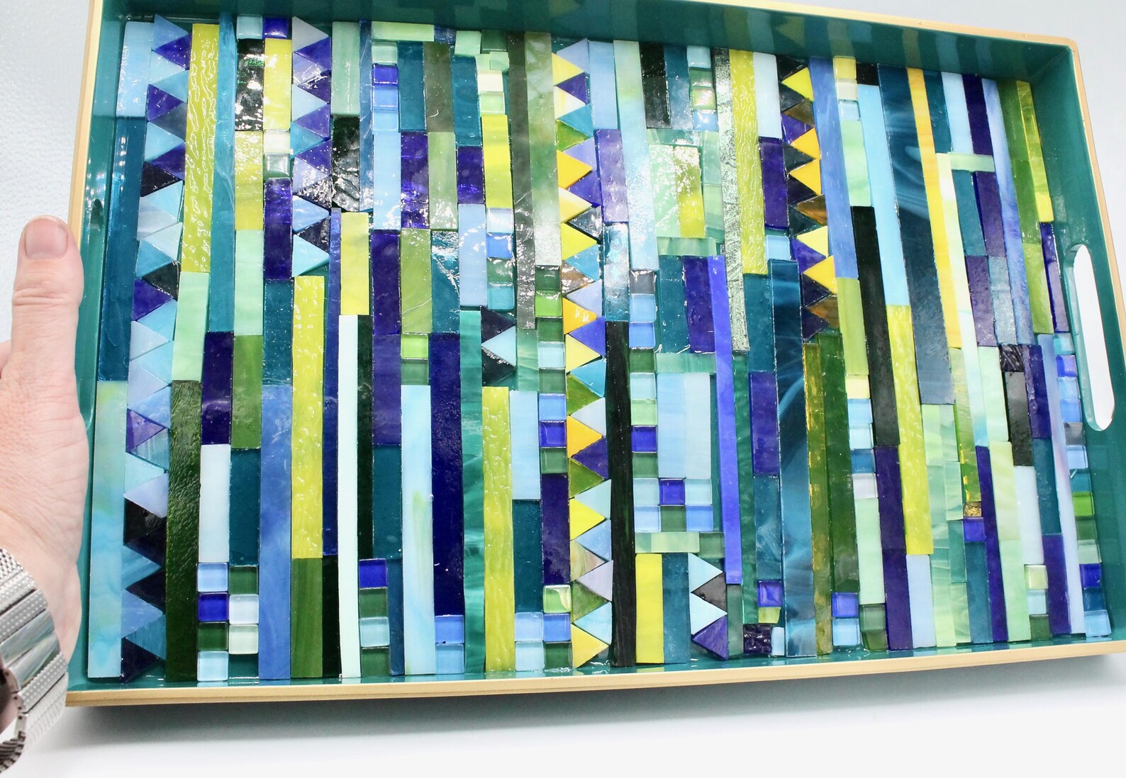 Handmade Large Teal Green Stained Glass Mosaic Tray - Arts & Crafts ...