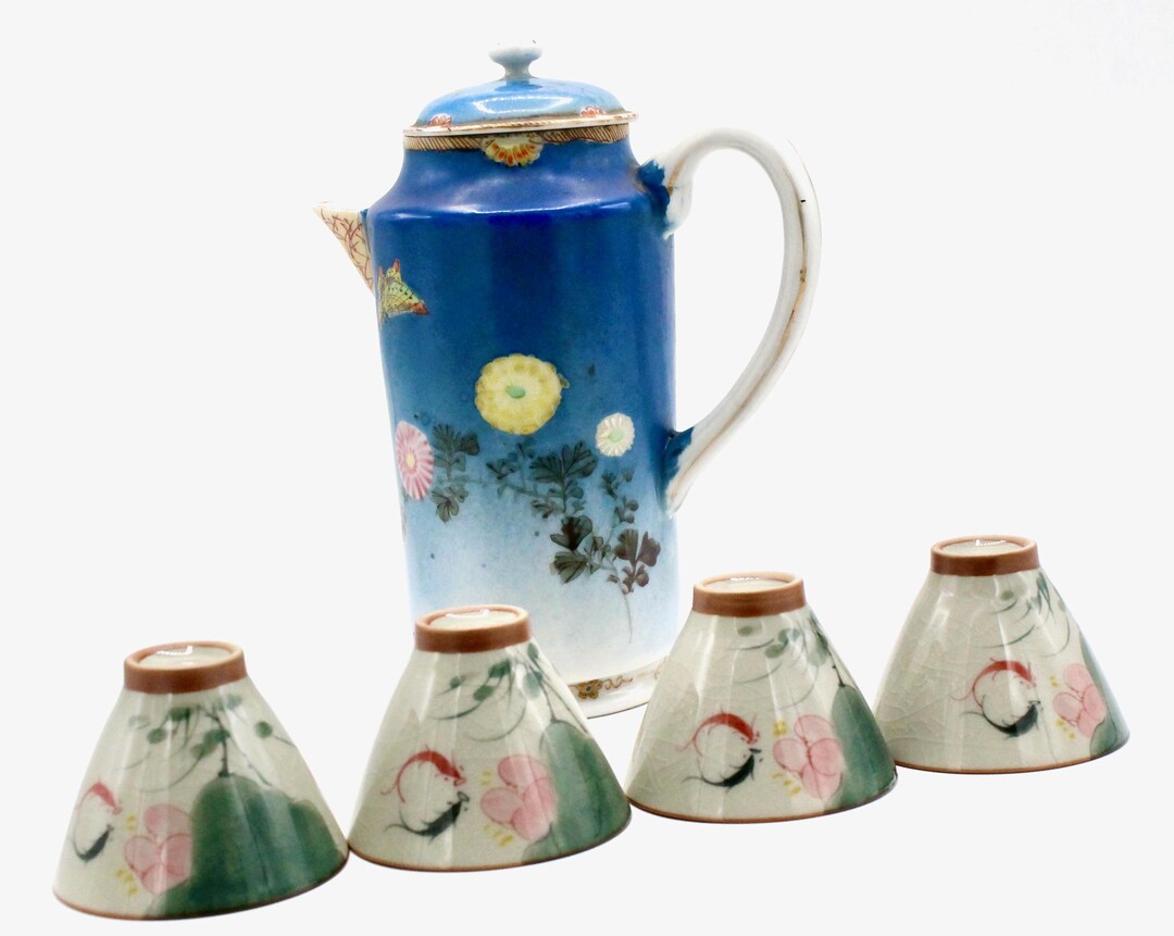 Ceramic Sake Set/traditional Japanese Set of 4 Hand Painted Cute Cups ...