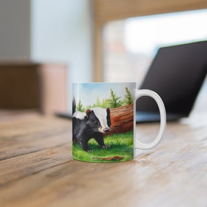 Watercolor Skunk Standing in Front of a Log Coffee Mug, Skunk, Outdoors ...