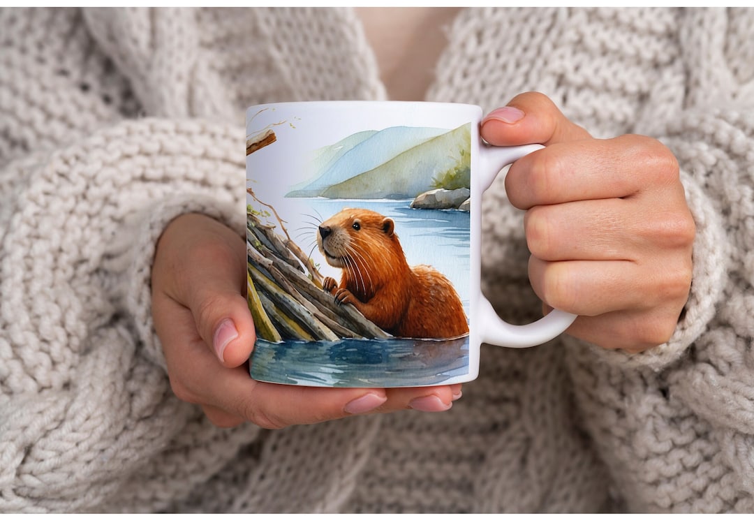 Watercolor Beaver With a Beaver Lodge Coffee Mug. Animal Mug, Beaver ...
