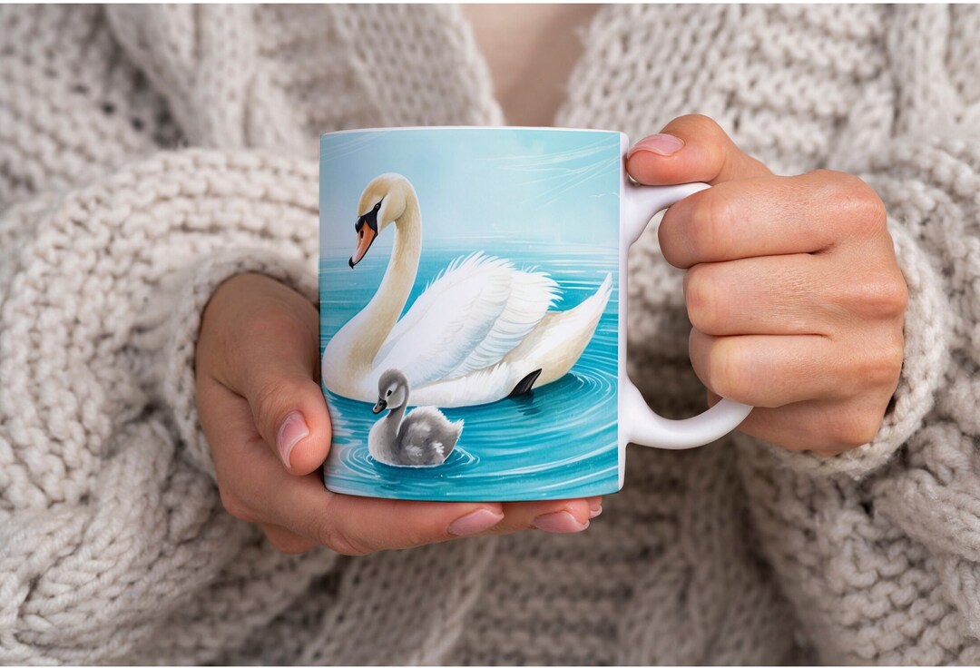 Watercolor Swans and Cygnets Swimming in Aqua Colored Water Coffee Mug ...