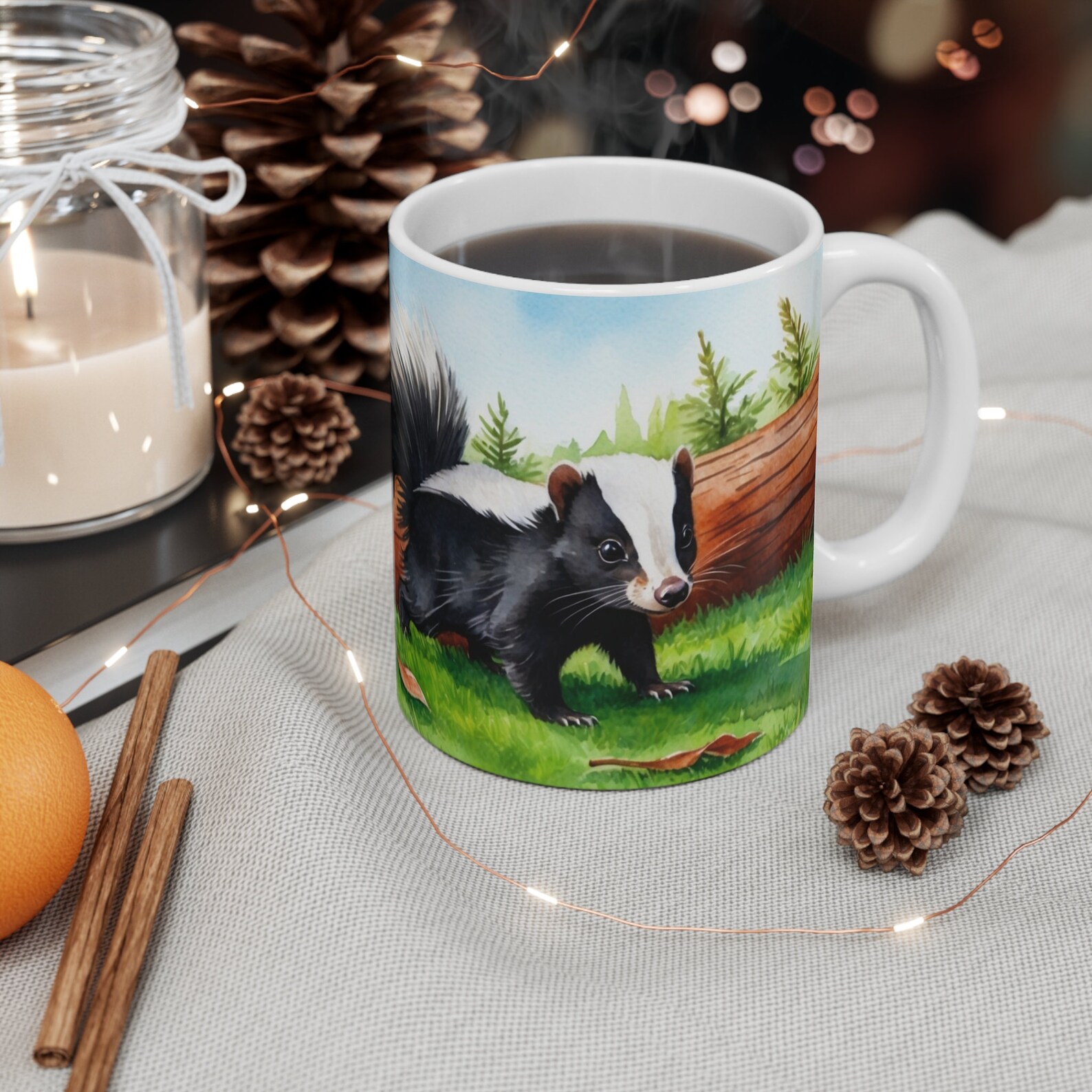 Watercolor Skunk Standing in Front of a Log Coffee Mug, Skunk, Outdoors ...
