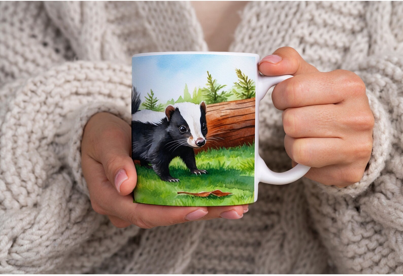 Watercolor Skunk Standing in Front of a Log Coffee Mug, Skunk, Outdoors ...