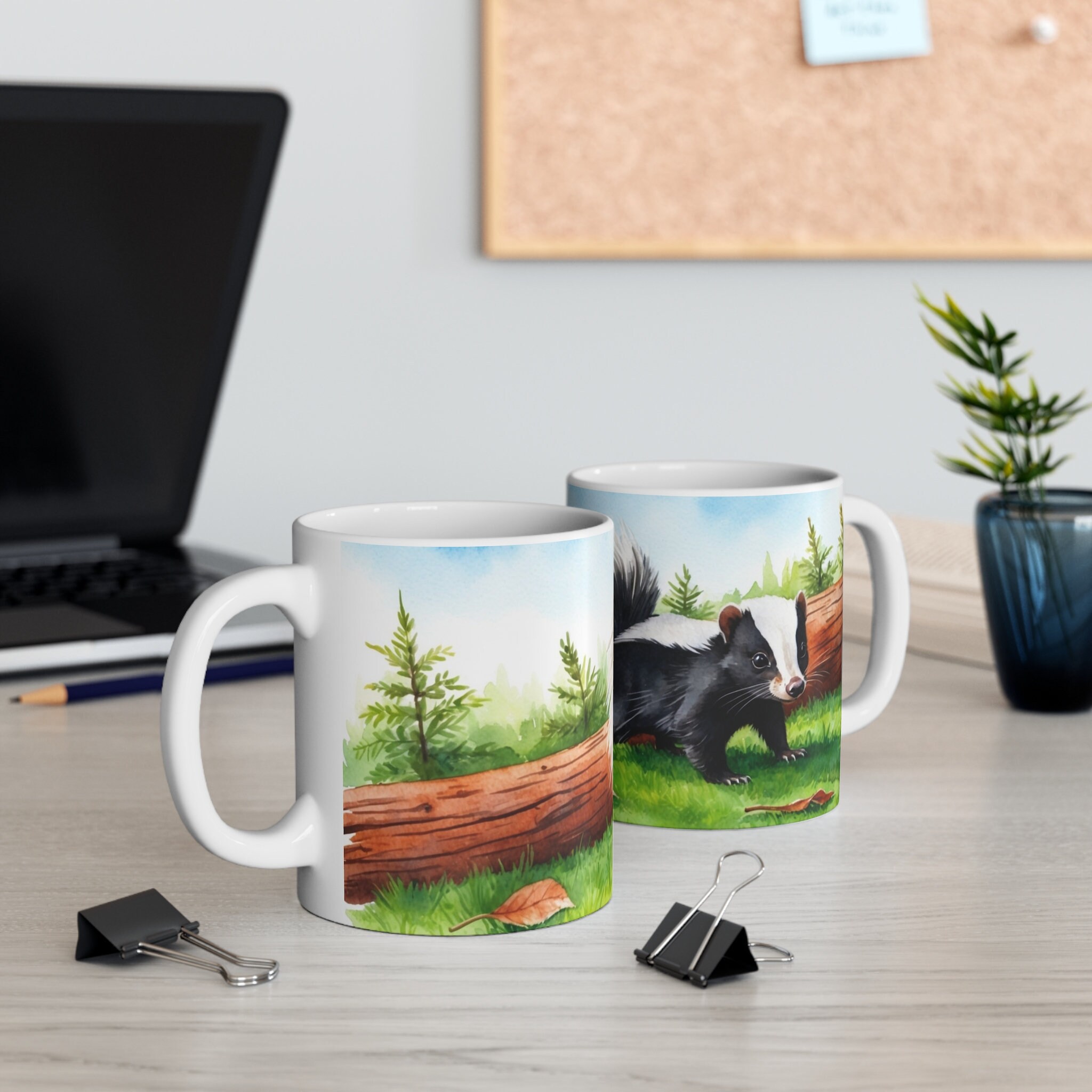 Watercolor Skunk Standing in Front of a Log Coffee Mug, Skunk, Outdoors ...