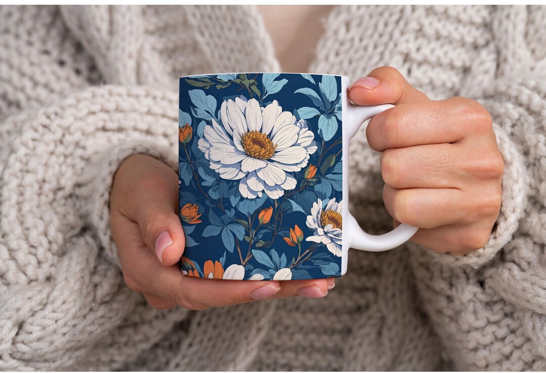 Blue Wrap Around Flower Coffee Mug, Floral Design Mug, Blue Flower ...