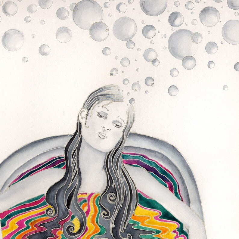 Sad Bath. Woman Taking Bath. Psychedelic. Bubbles. Illustration. Print ...