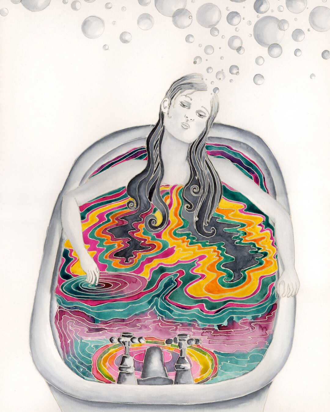 Sad Bath. Woman Taking Bath. Psychedelic. Bubbles. Illustration. Print ...